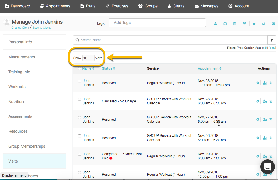How do I view a client’s appointment visit history? | Exercise.com